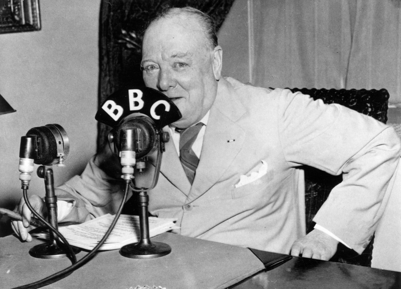 Churchill delivering an international broadcast from the White House ...